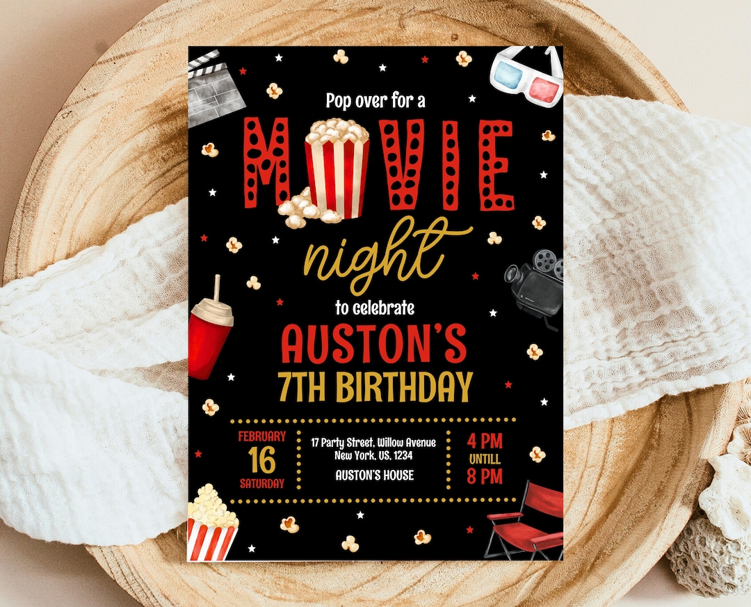 Editable Movie Birthday Invitation, Cinema Birthday Invitation, Pop on ...
