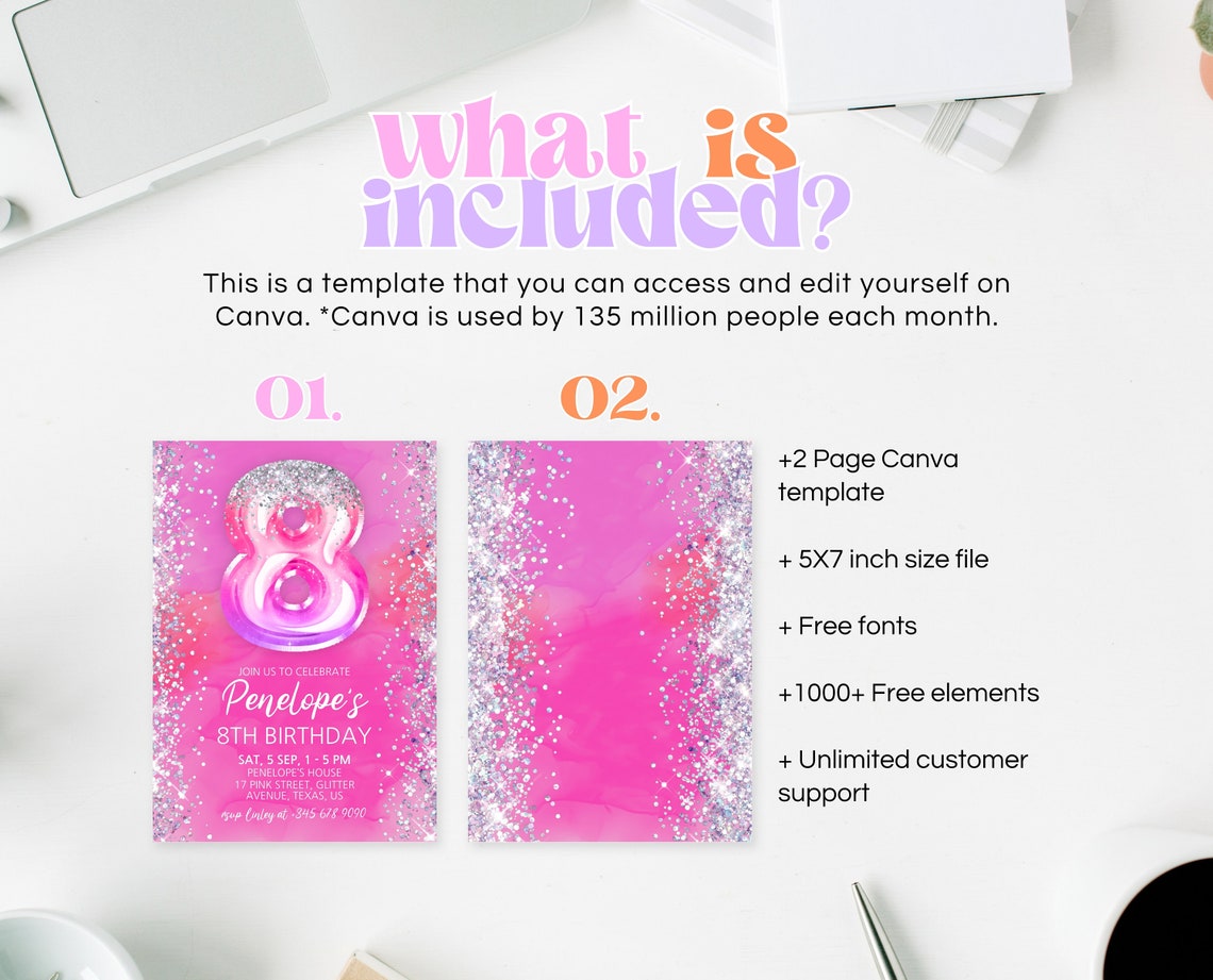 Editable Pink 8th Birthday Invitation Template, Glitter Birthday Invite ...