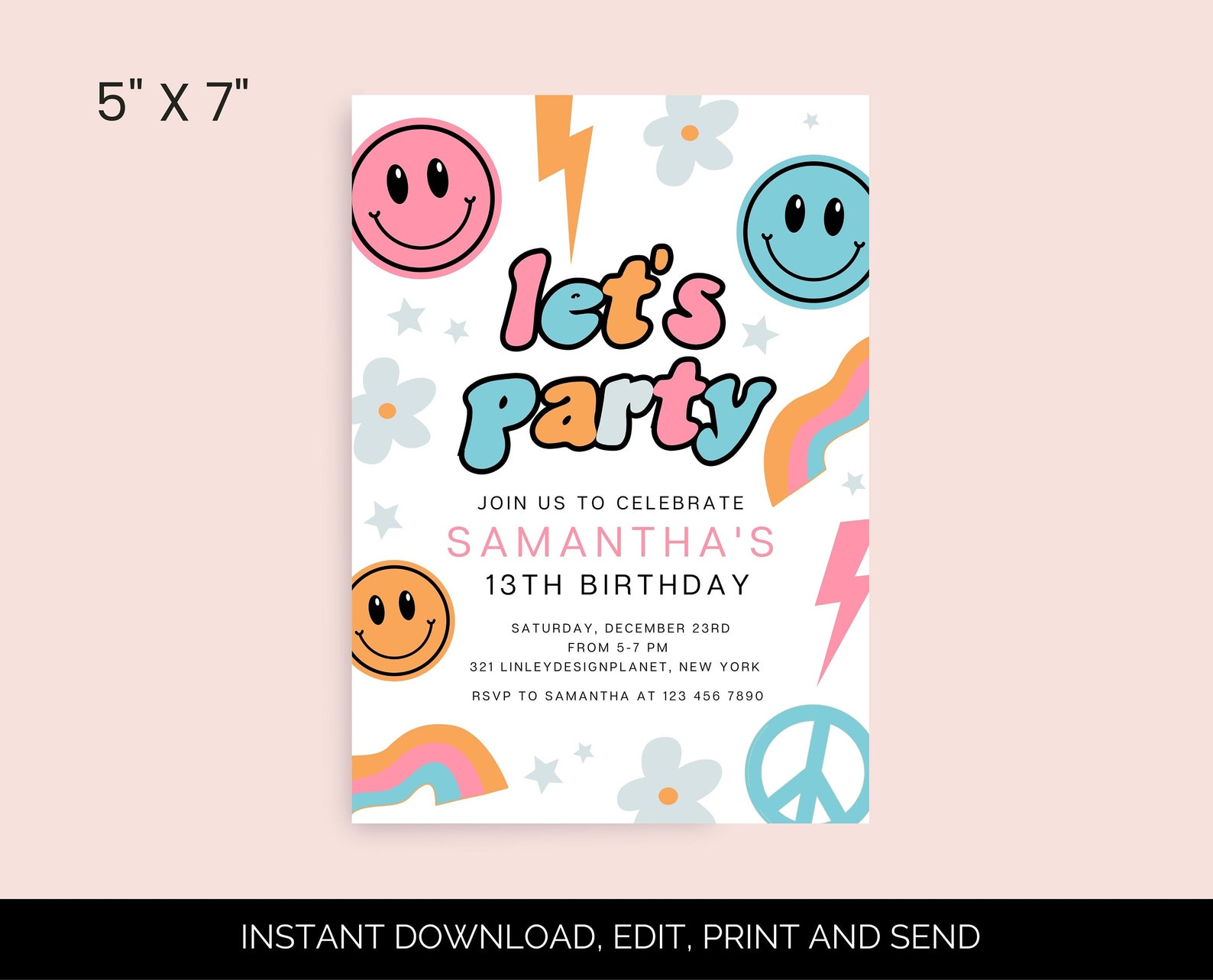 Editable Smiley Face Birthday Invitation, Retro Boy Birthday Party ...