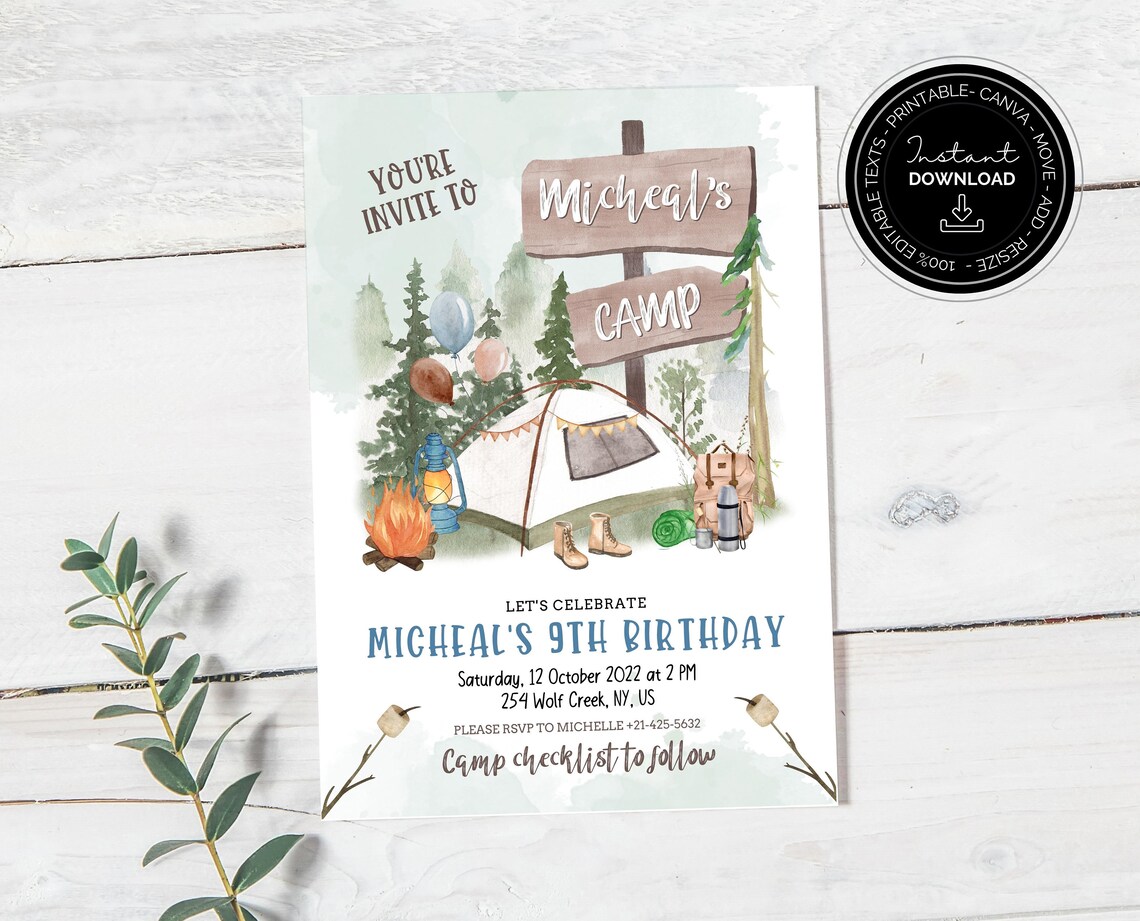 Editable Boy Camp Party Invitation Camp Out Birthday Invite - Etsy