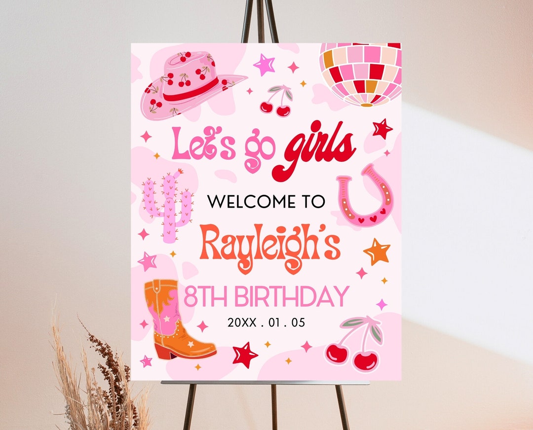 Editable Retro Cowgirl Birthday Welcome Sign, Pink Disco Cowgirl ...