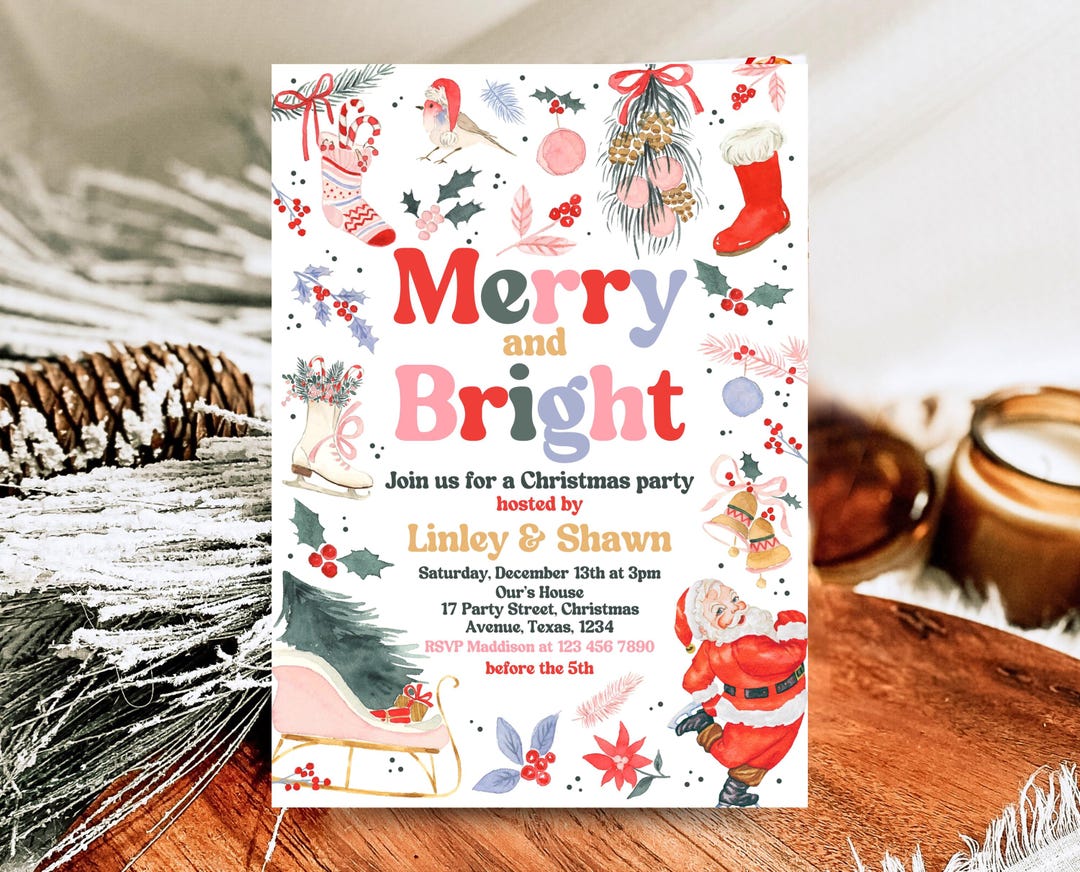 Editable Merry and Bright Christmas Party Invitation Template, Holiday ...