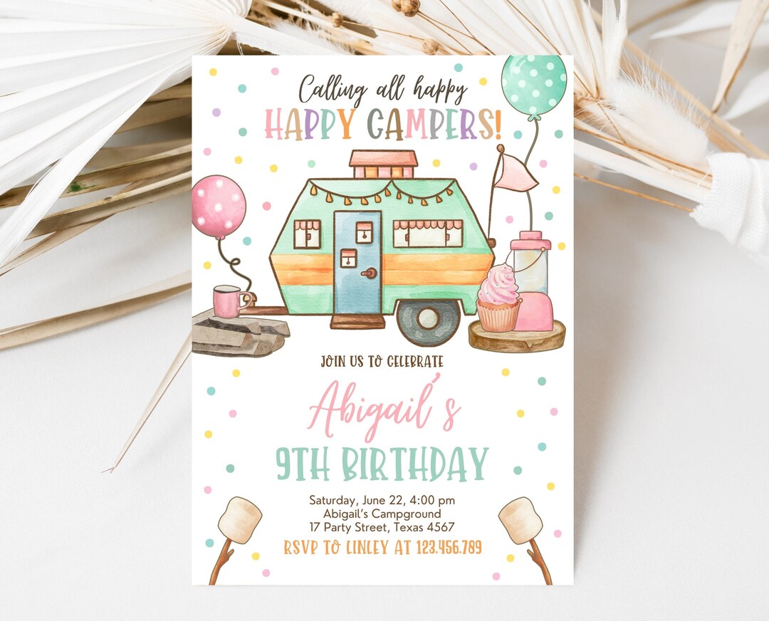 Editable Girl Camp Party Invitation, Camp Out Birthday Party, Sleepover Girl Camping Party ...