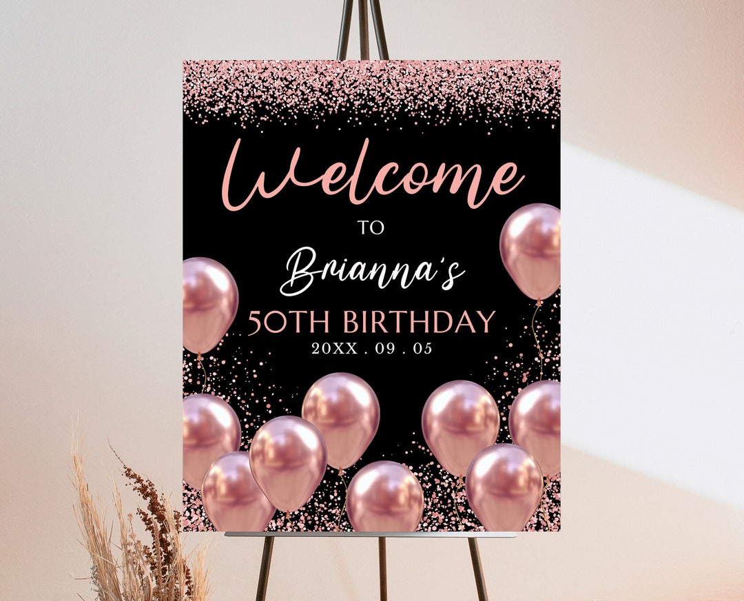 Editable Rose Gold Birthday Welcome Sign, 60th Birthday Glitter Sign ...