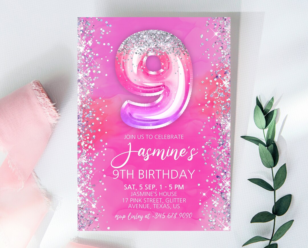 Editable Pink 9th Birthday Invitation Template, Glitter Birthday Invite ...