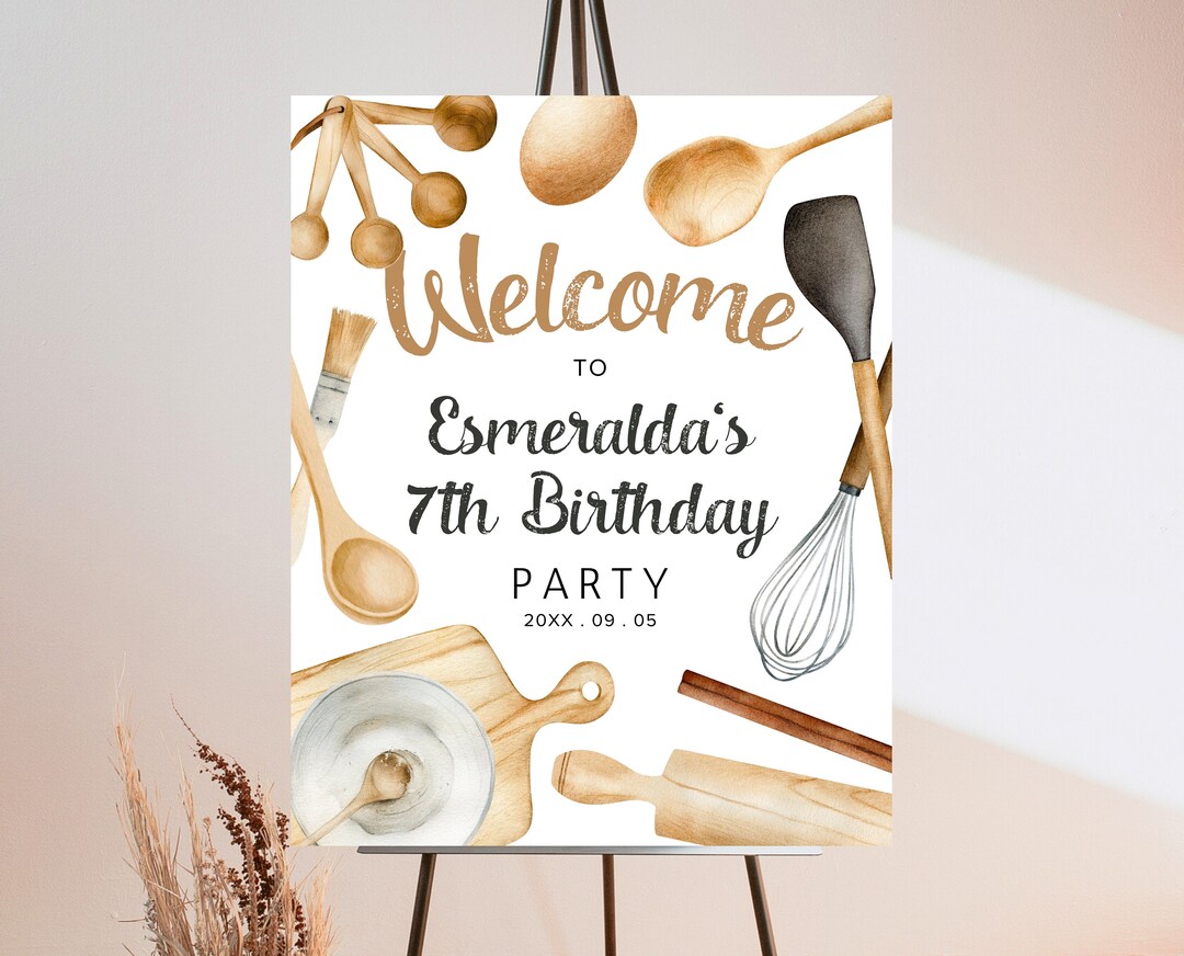 Editable Baking Birthday Welcome Sign, Kitchen Birthday Banner, Neutral ...