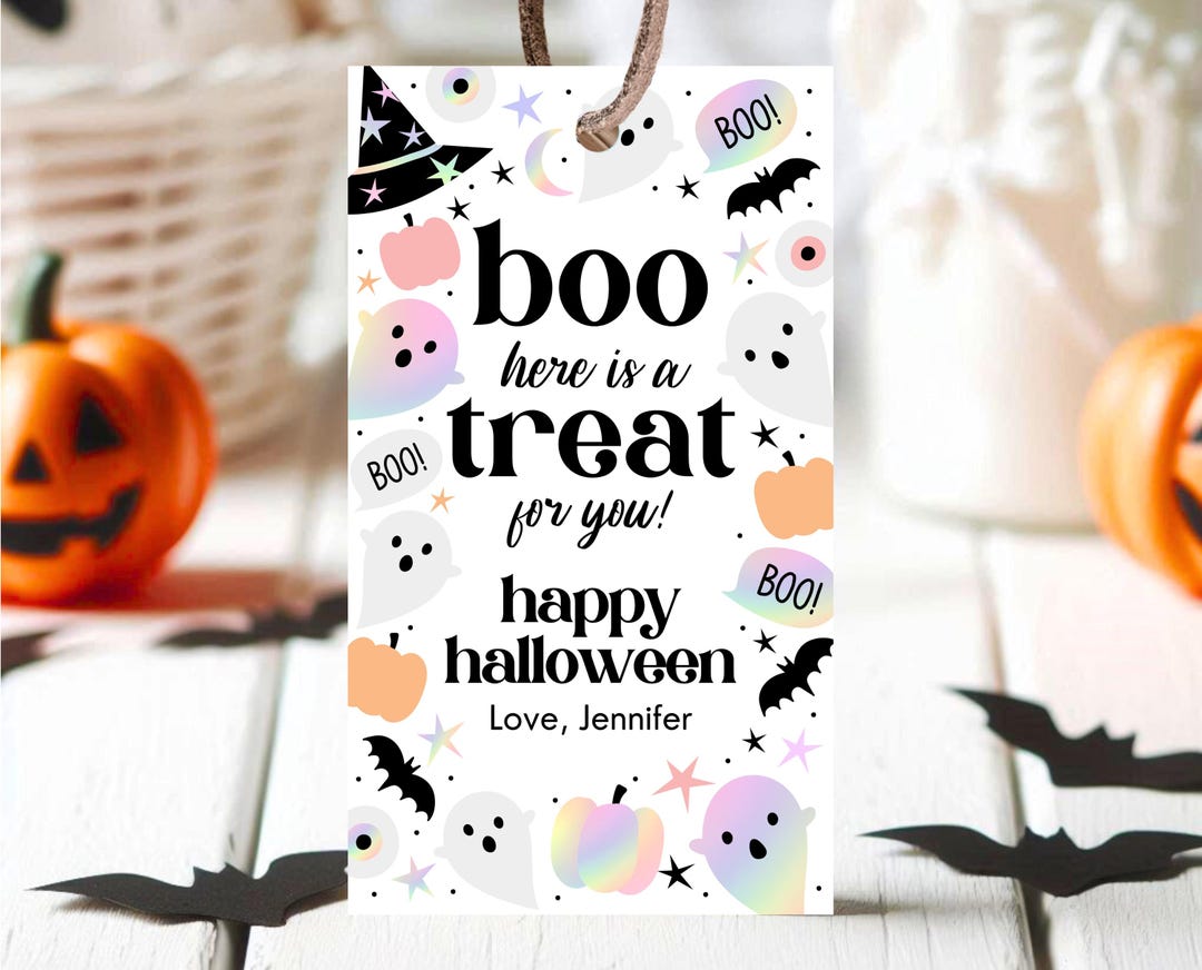 Editable Pastel Halloween Birthday Favor Tag, Holographic Halloween ...