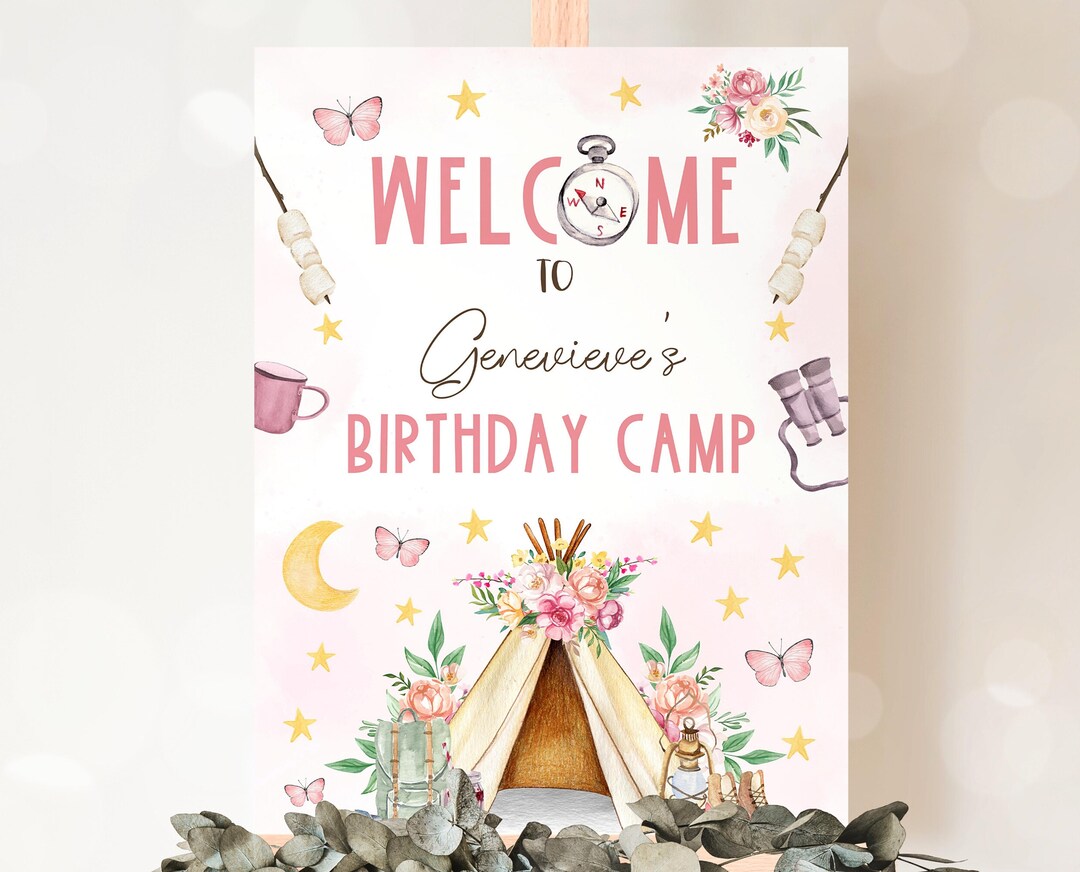 Editable Girl Camp Welcome Sign, Camp Out Sleepover Party Sign ...