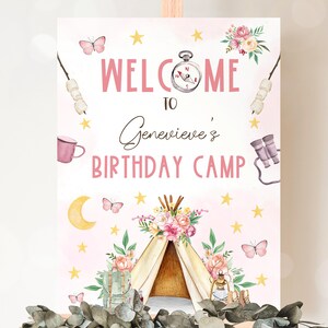 Editable Girl Camp Welcome Sign, Camp Out Sleepover Party Sign ...