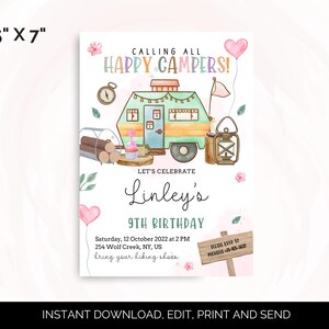 Editable Girl Camp Party Invitation, Camp Out Birthday Party, Sleepover Girl Camping Party ...