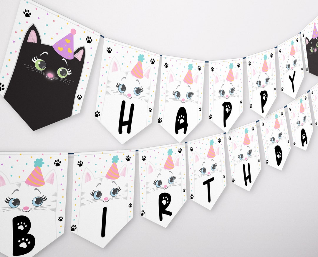 Kitten Happy Birthday Banner, Kitty Cat Party Welcome Poster, Pink ...