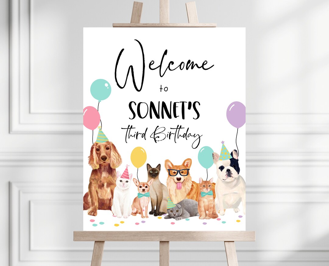 Editable Cat and Dog Birthday Welcome Sign , Puppy Birthday Party ...
