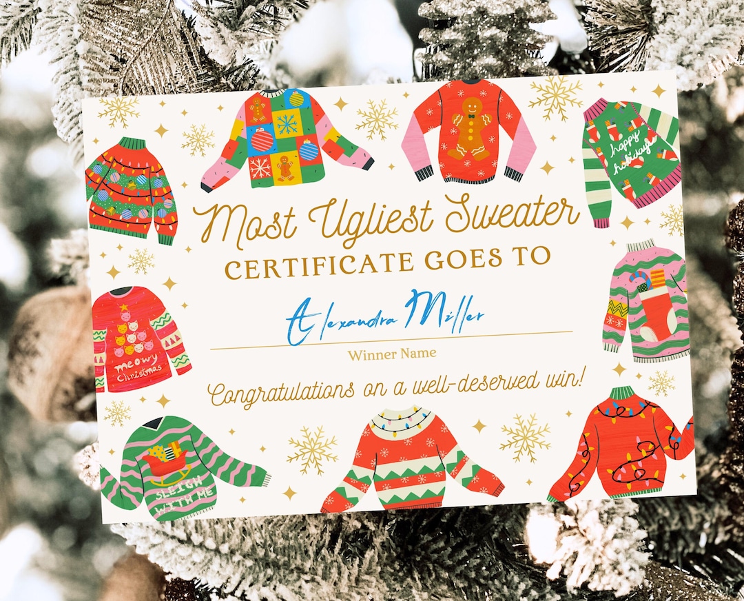 Editable Ugly Sweater Christmas Certificate, Ugly Sweater Contest ...