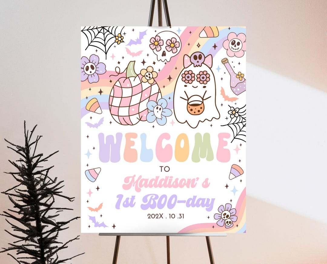 Editable Retro Halloween Birthday Welcome Sign, Halloween Party Welcome ...