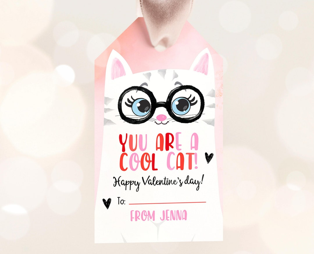 Editable Valentine's Day Favor Tag, Cool Cat Valentine's Gift Tag ...