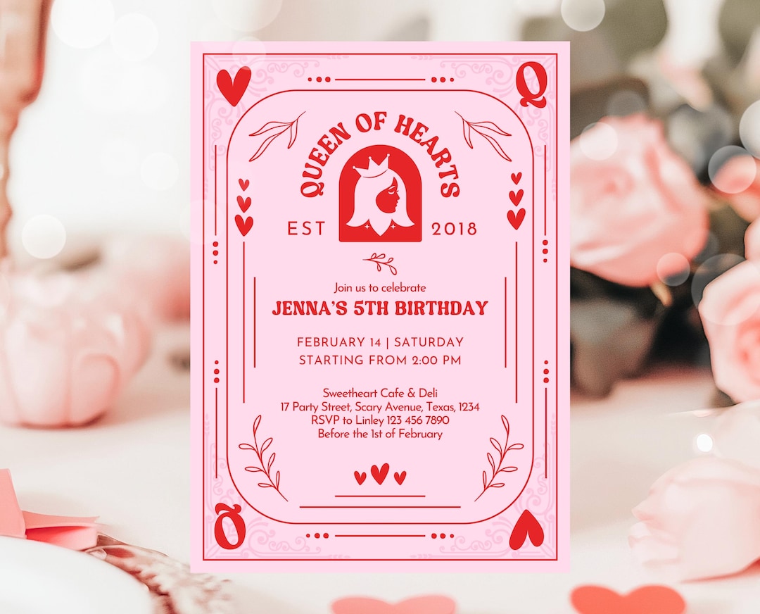 Editable Queen of Hearts Birthday Invitation, Valentine's Birthday ...