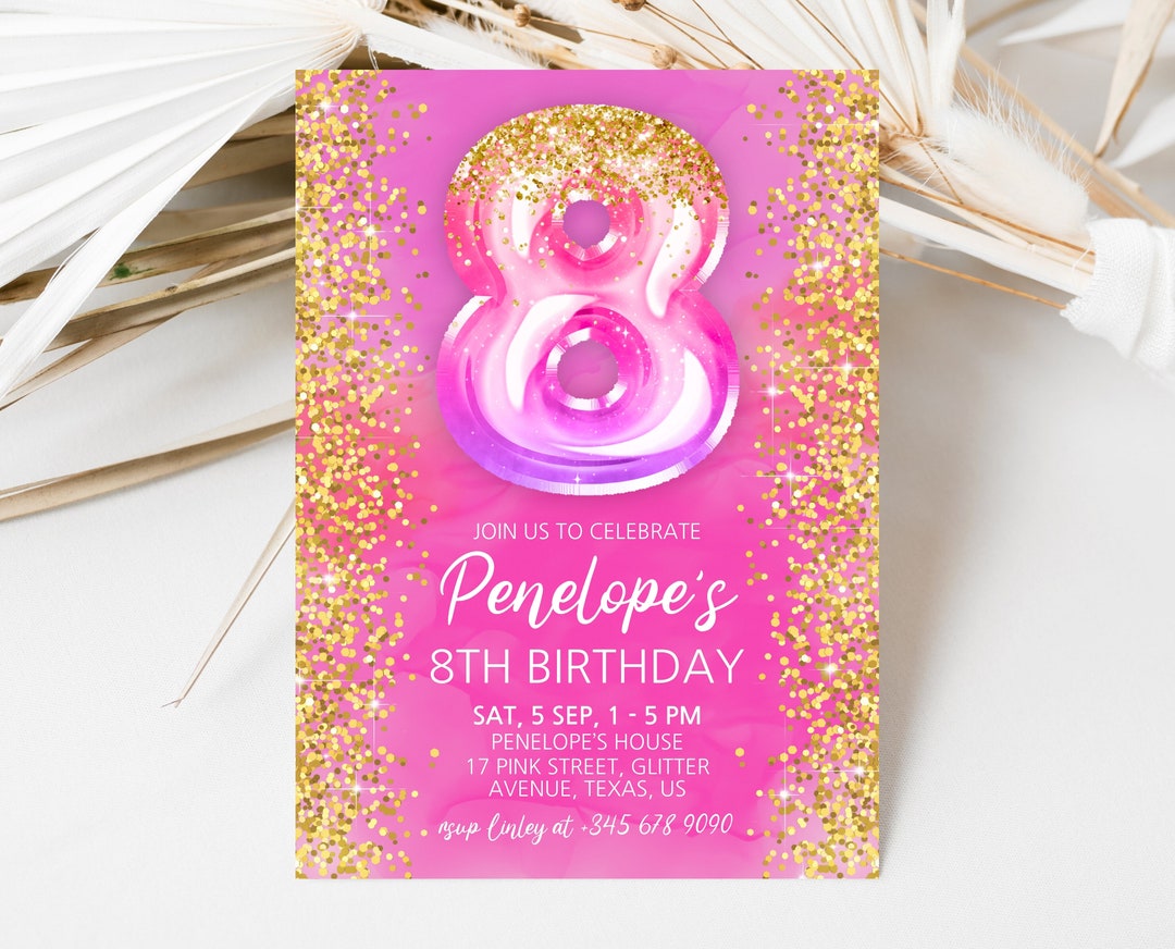 Editable Pink 8th Birthday Invitation Template, Gold Glitter Birthday ...
