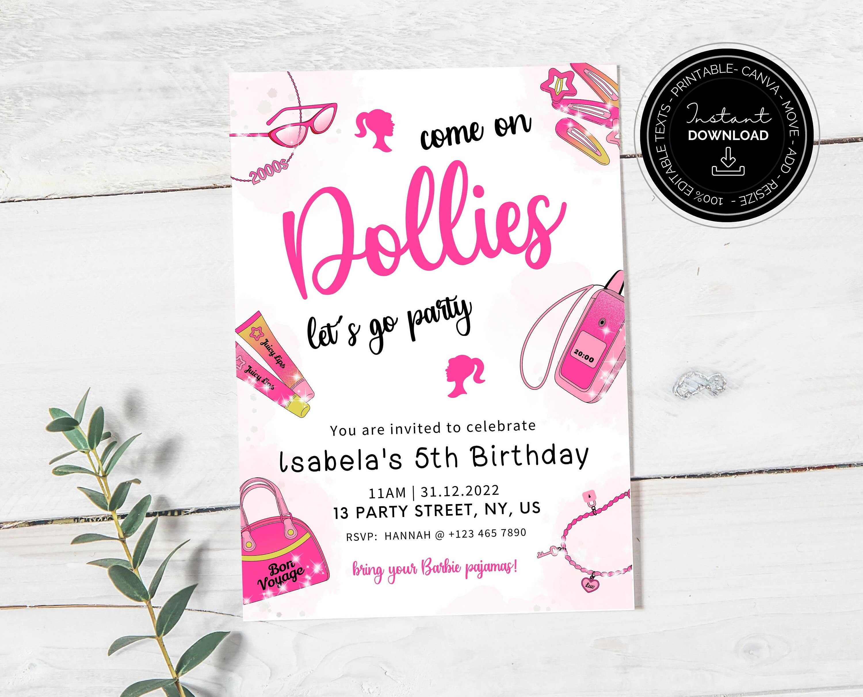 Pink Doll Birthday Invitation Template Hot Pink Doll Birthday - Etsy