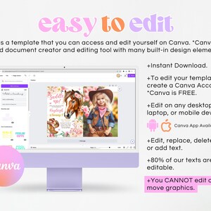 Editable Cowgirl Birthday Photo Invitation Template, Girl Horse ...