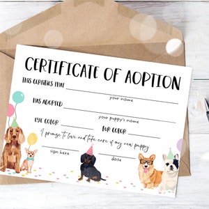 Editable Pet Adoption Certificate Puppy Birthday Adoption - Etsy