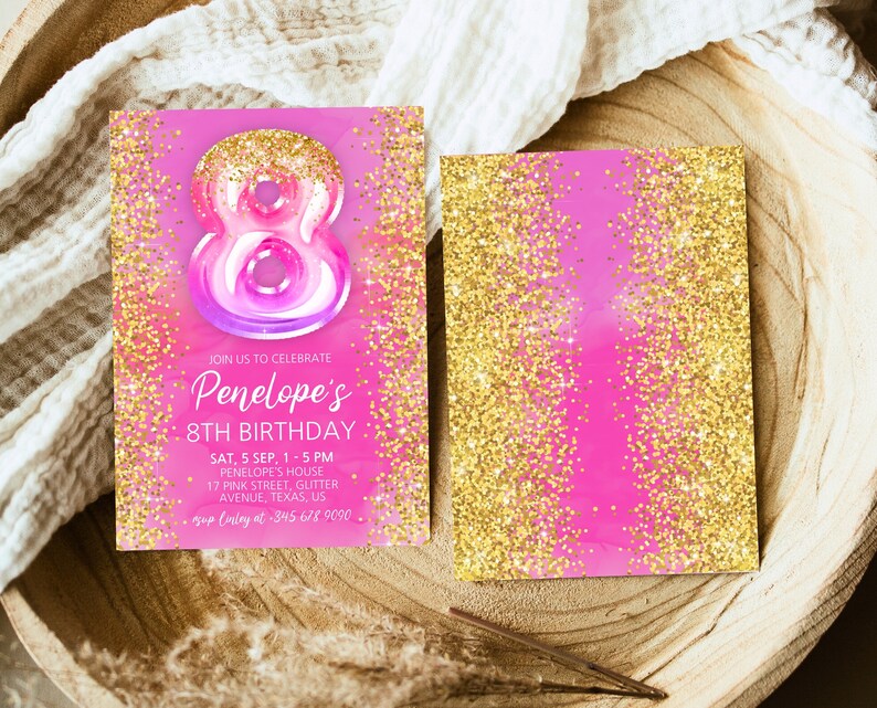 Editable Pink 8th Birthday Invitation Template, Gold Glitter Birthday ...