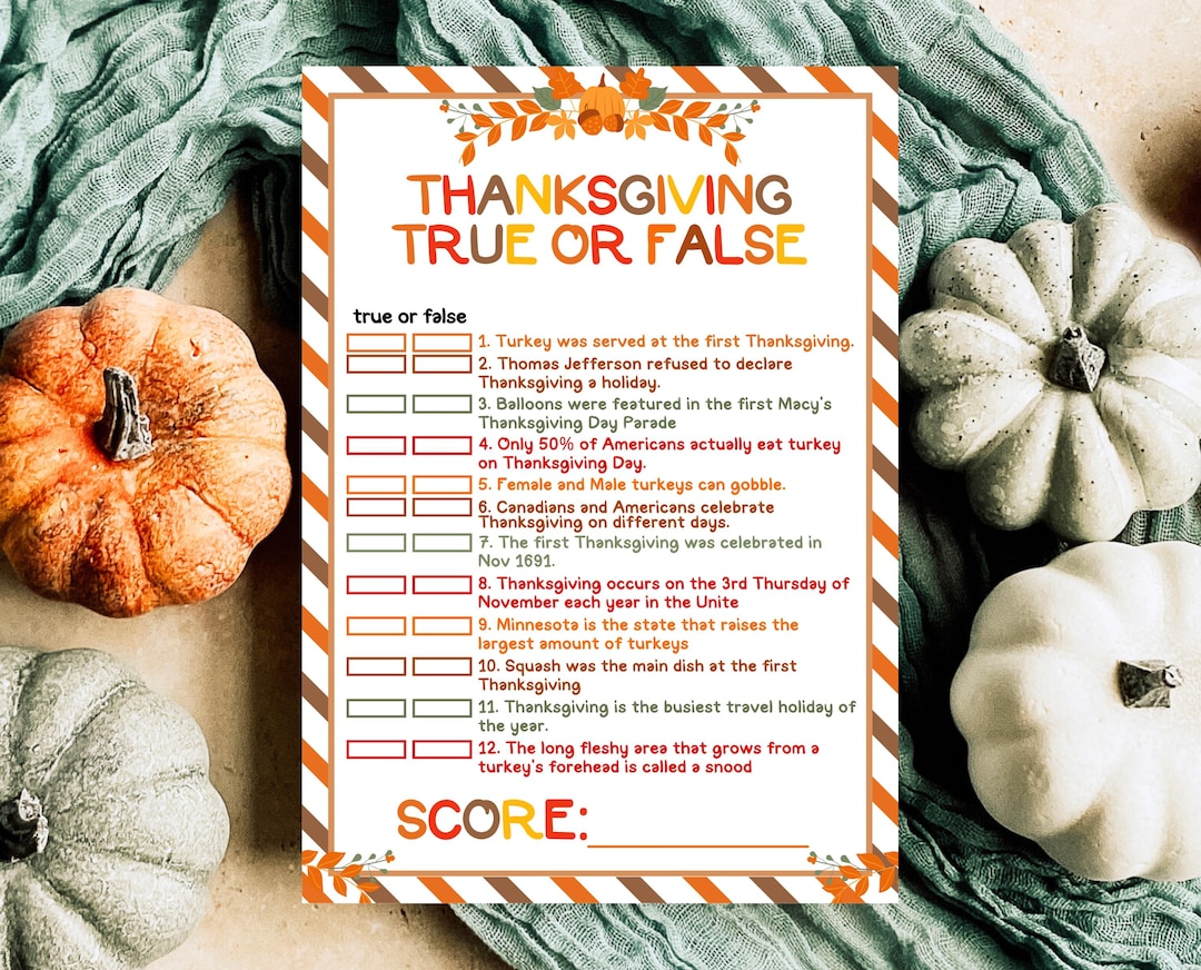 Thanksgiving True or False Game, Thanksgiving Trivia Quiz for Teens ...