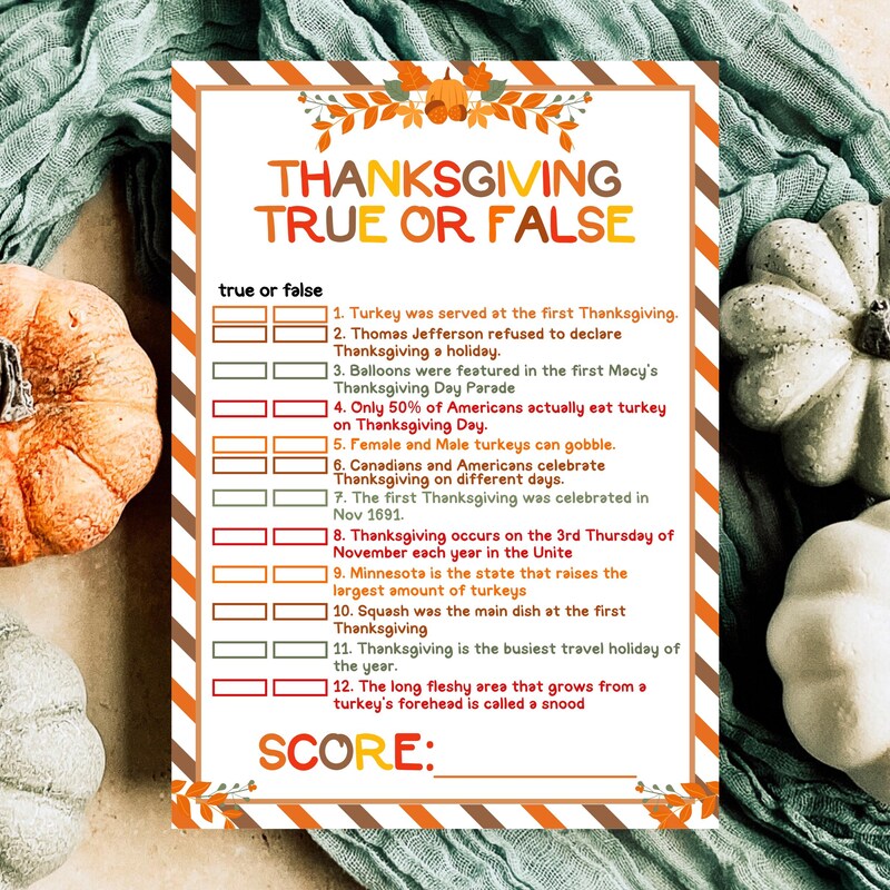 Thanksgiving True or False - Etsy
