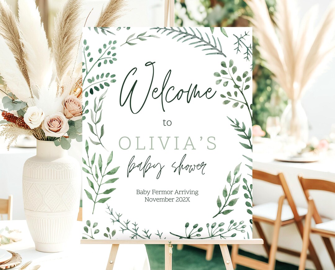Greenery Baby Shower Welcome Sign: Leafy Brunch Decor (editable Canva ...