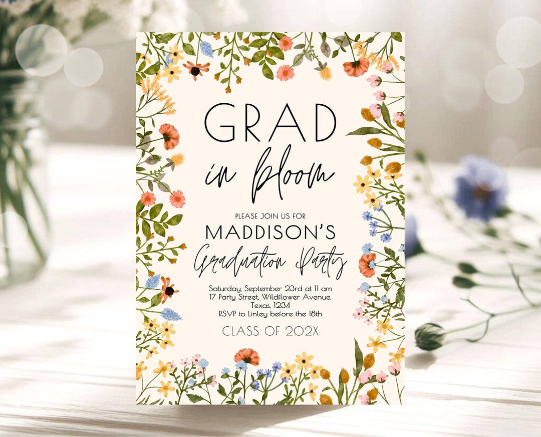 Editable Grad in Bloom Invitation, Wildflowers Graduation Invite ...