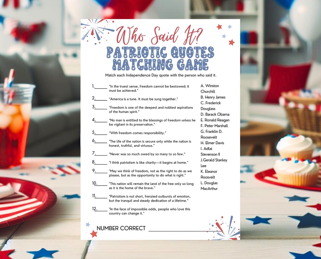 Printable 4th of July Patriotic Quotes Matching Game, July 4th Games ...
