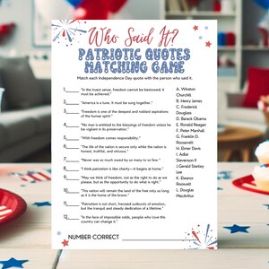 Printable 4th of July Patriotic Quotes Matching Game, July 4th Games ...