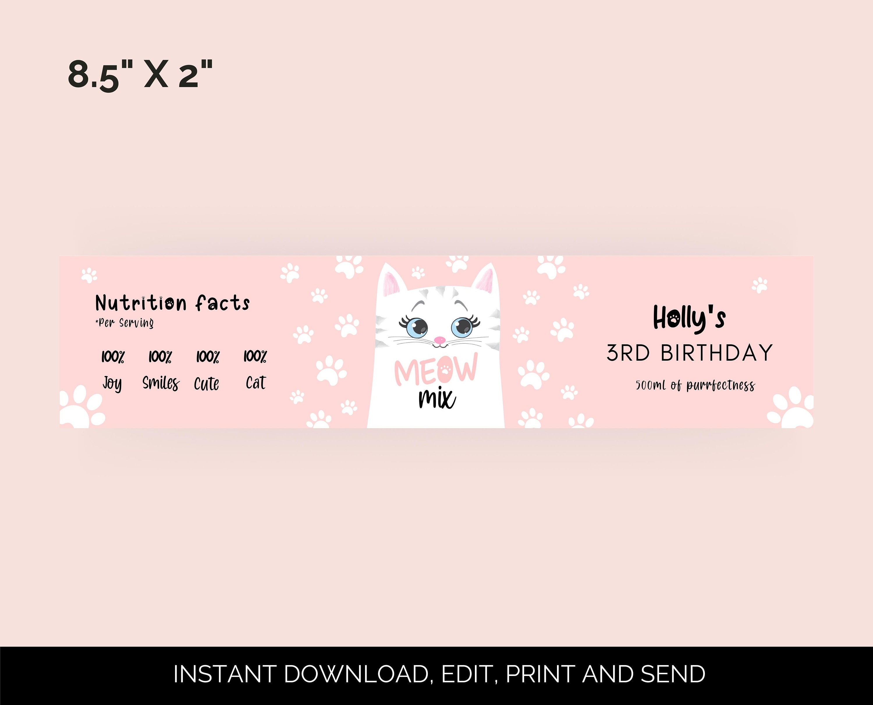 Editable Kitten Birthday Water Bottle Label Kitty Cat Birthday - Etsy