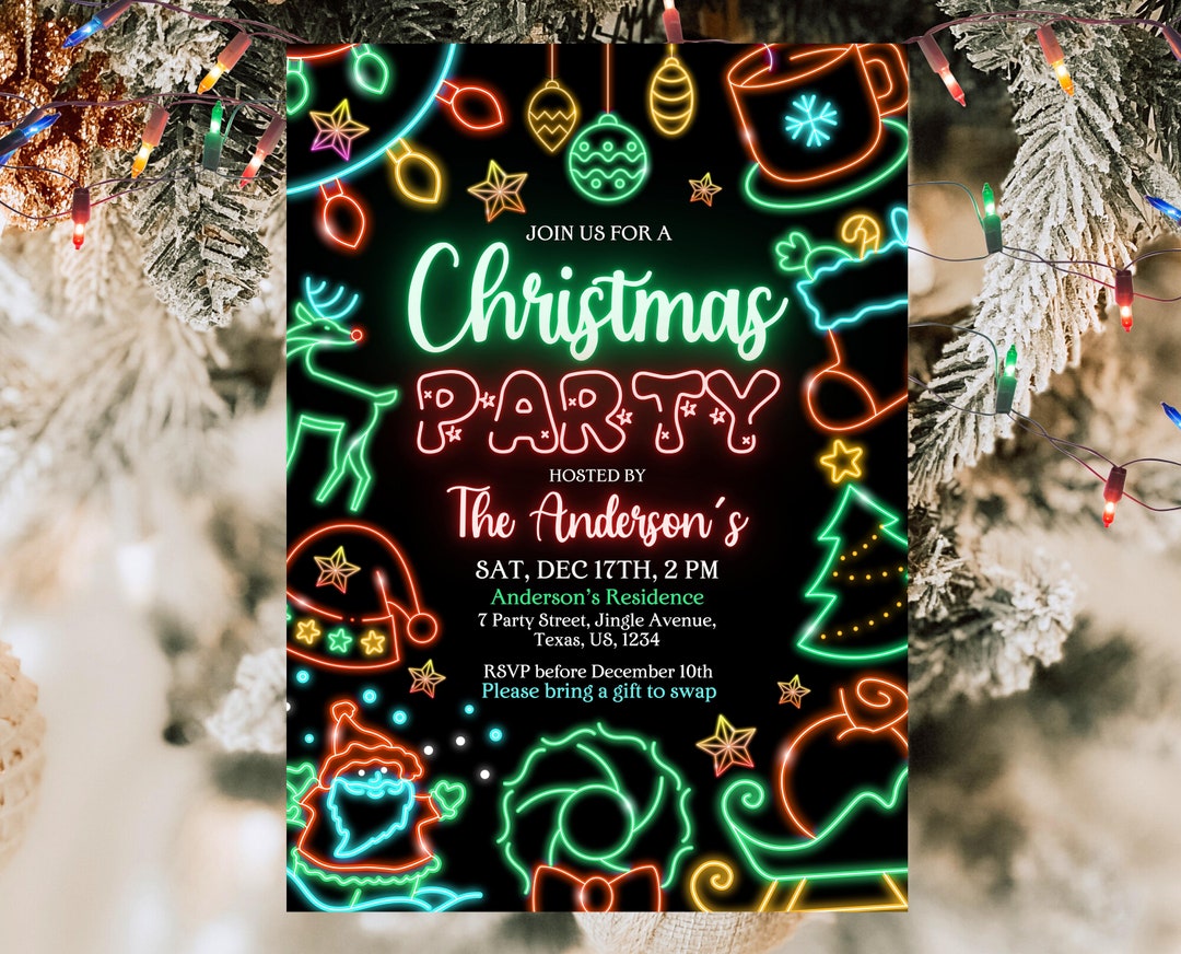 Editable Neon Christmas Party Invitation Template Neon - Etsy
