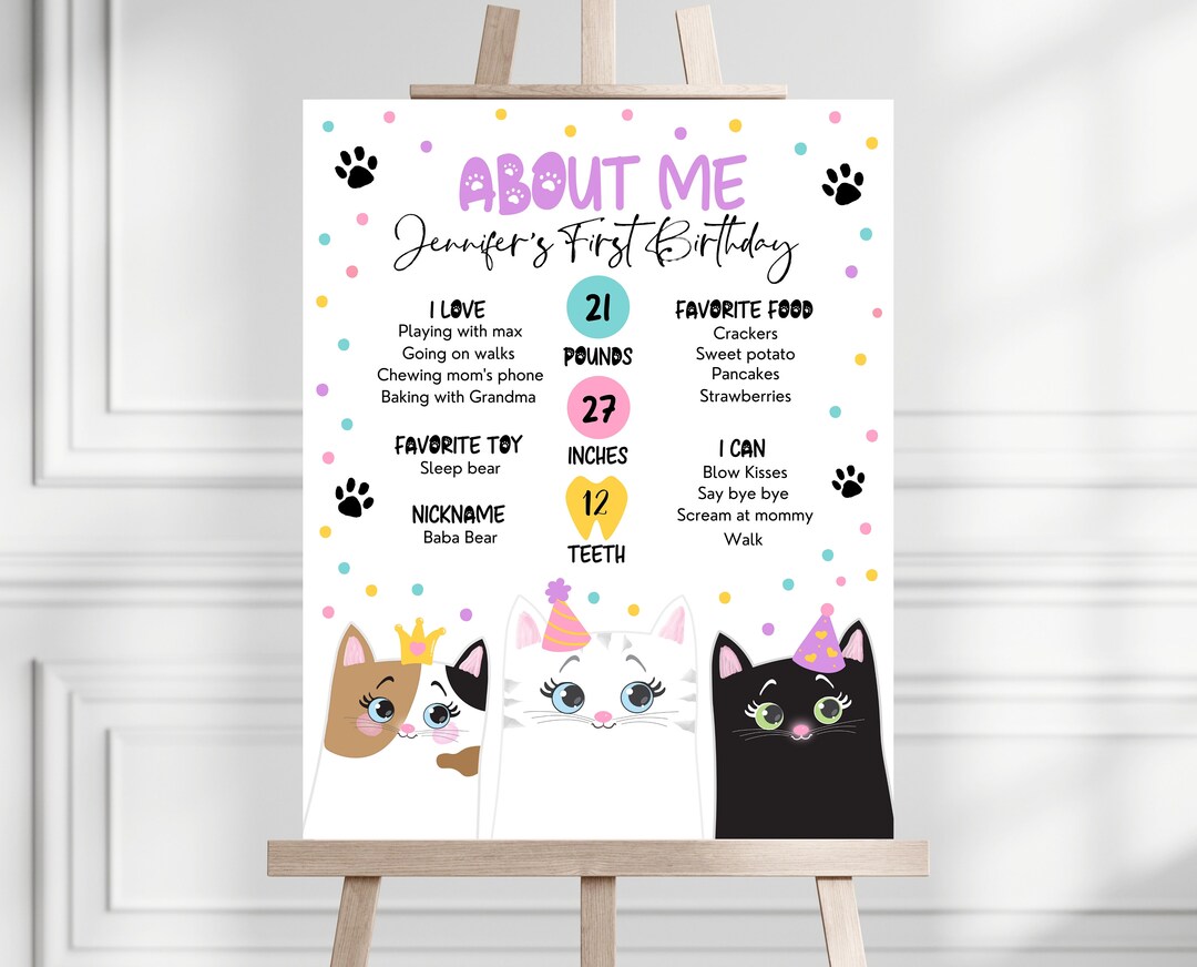 Cat Birthday Milestone Sign Template, Kitten Birthday Party About Me ...