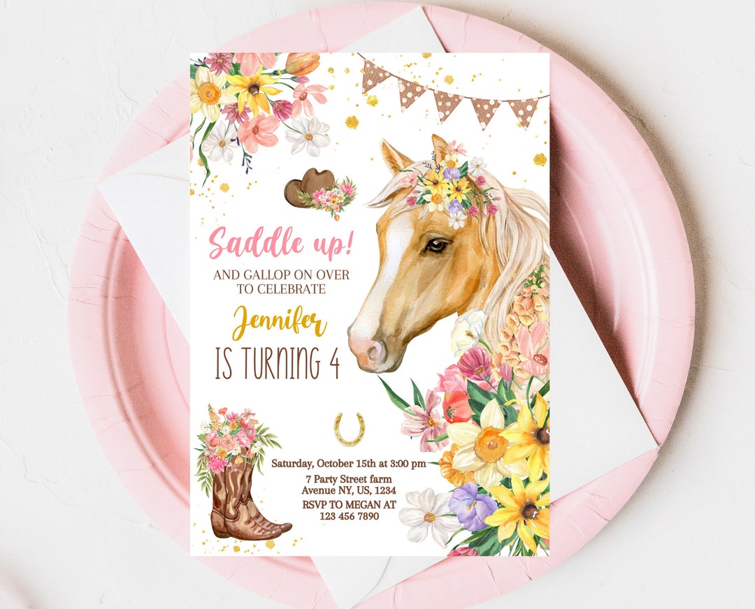 Editable Floral Horse Birthday Invitation Template, Girl Saddle up ...