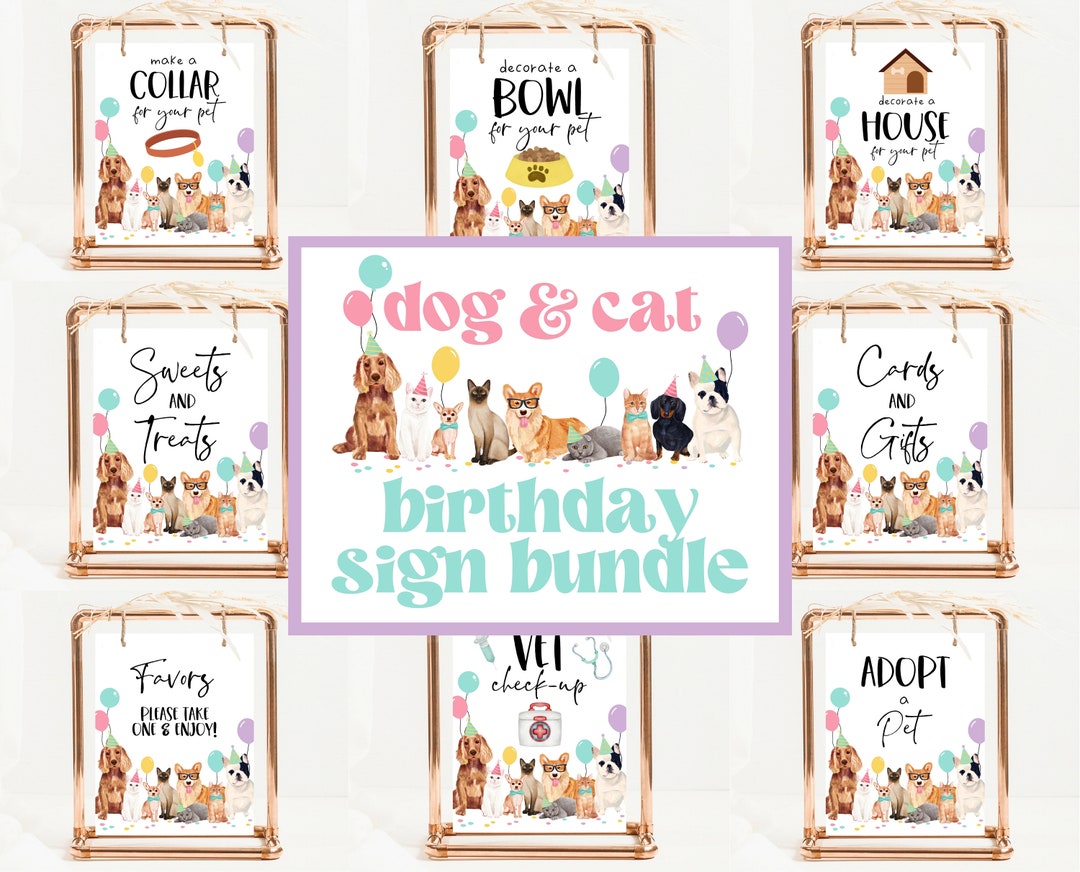 Editable Dog and Cat Birthday Sign Bundle, Puppy Birthday Party ...