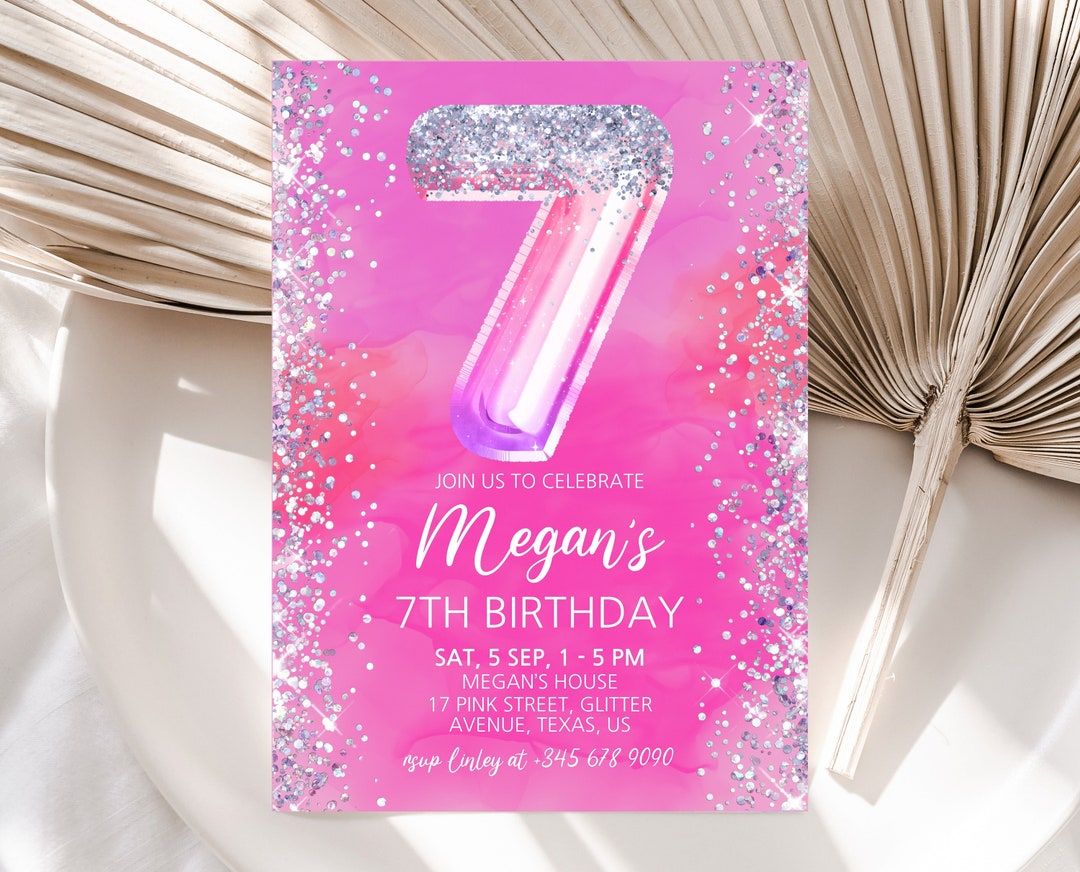 Editable Pink 7th Birthday Invitation Template, Glitter Birthday Invite ...