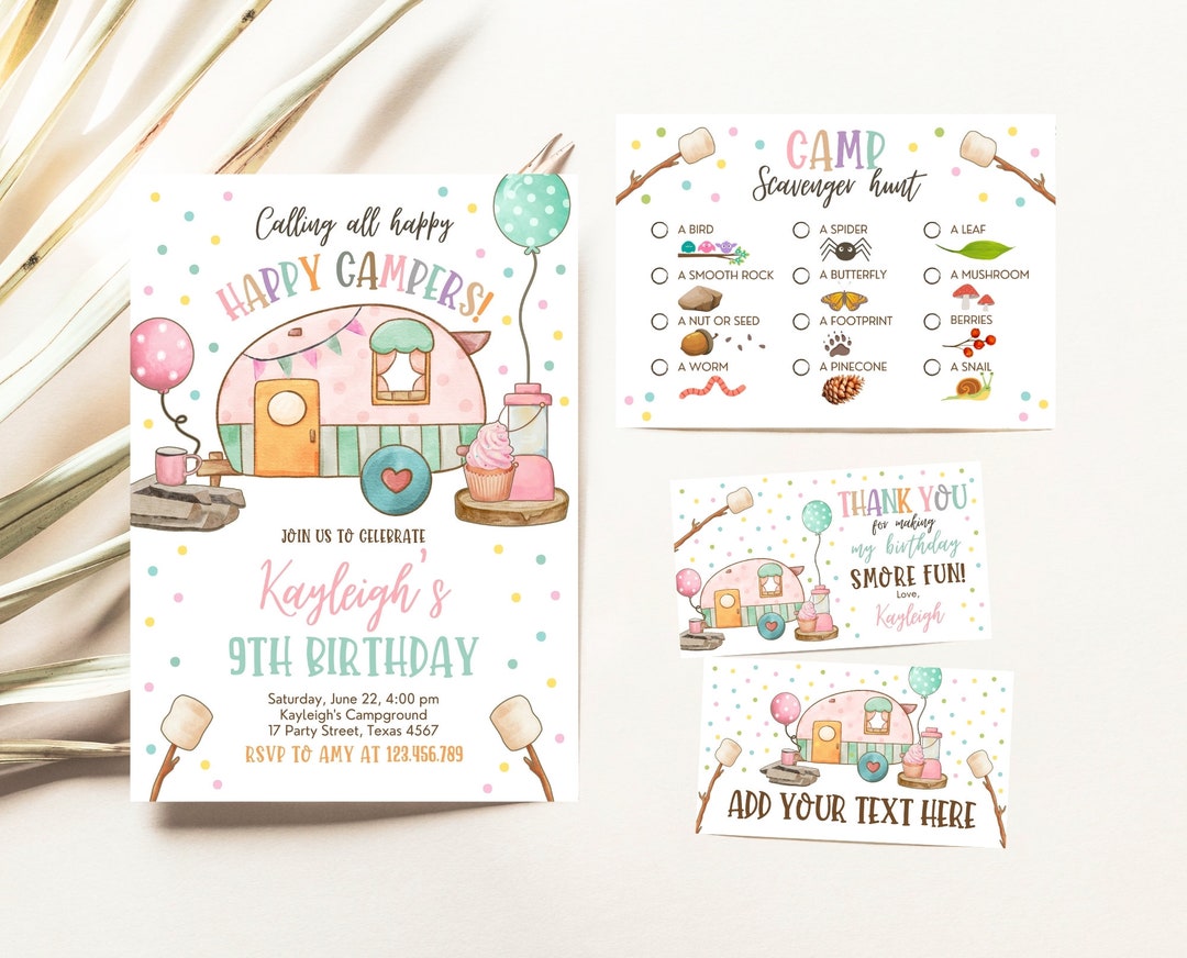 Editable Camping Birthday Invitation Bundle, Camping Party Pack, Girly ...