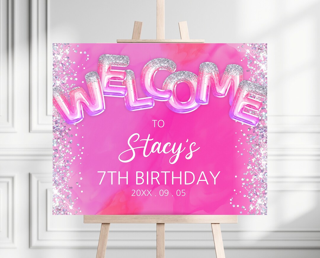 Editable Pink Birthday Welcome Sign Template, Glitter Birthday Welcome ...
