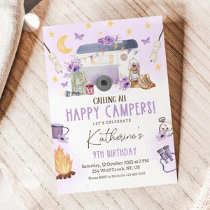 Editable Girl Camp Party Invitation, Camp Out Birthday Party, Sleepover Girl Camping Party ...