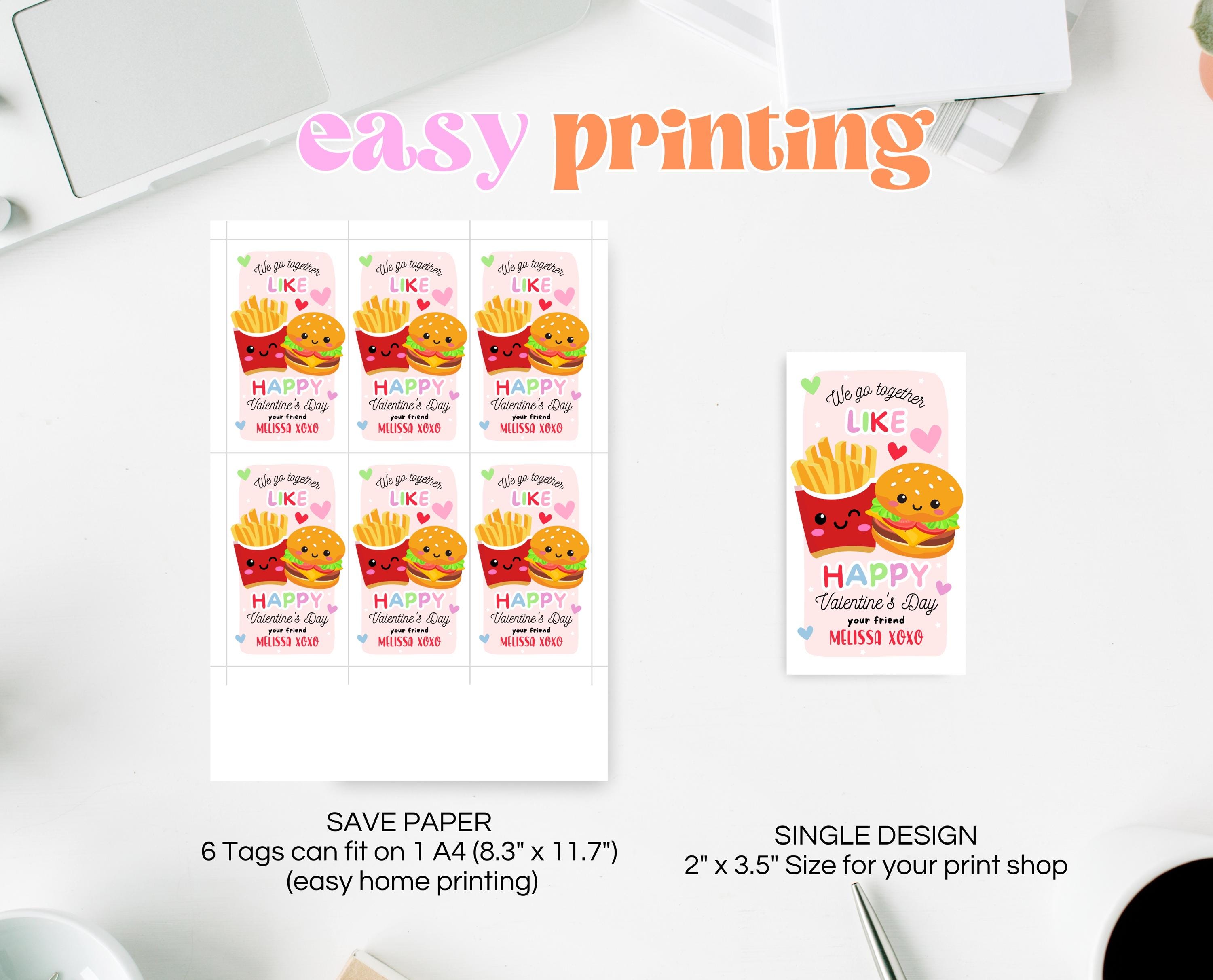 Editable Valentine Gift Tag, Burger and Fries Valentine Gift Tags ...