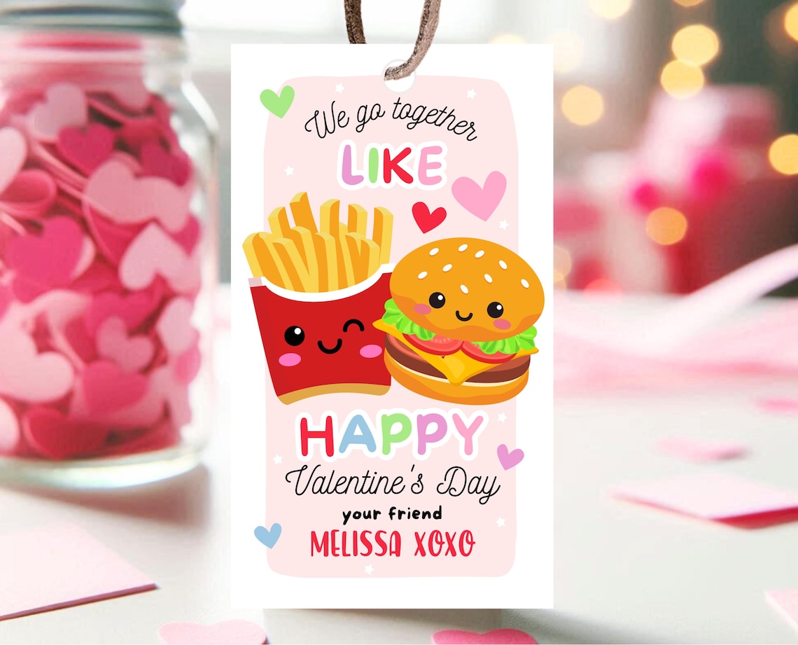 Editable Valentine Gift Tag, Burger and Fries Valentine Gift Tags ...