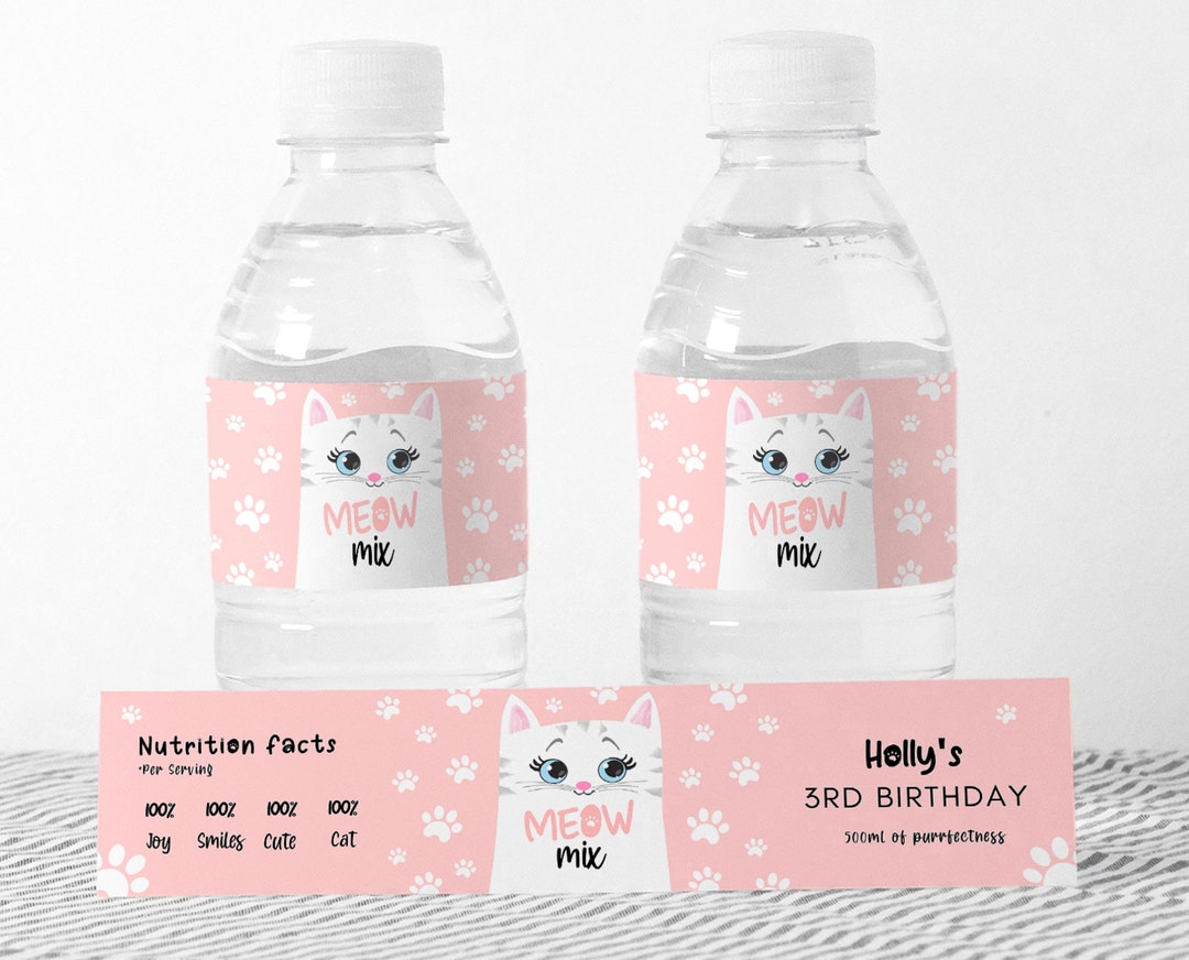 Editable Kitten Birthday Water Bottle Label Kitty Cat Birthday Girl ...