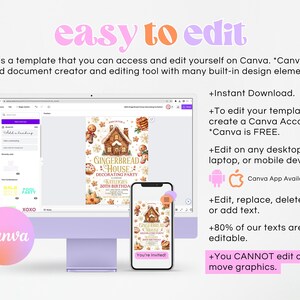 Editable Gingerbread House Birthday Party Invitation, Christmas Cookie ...