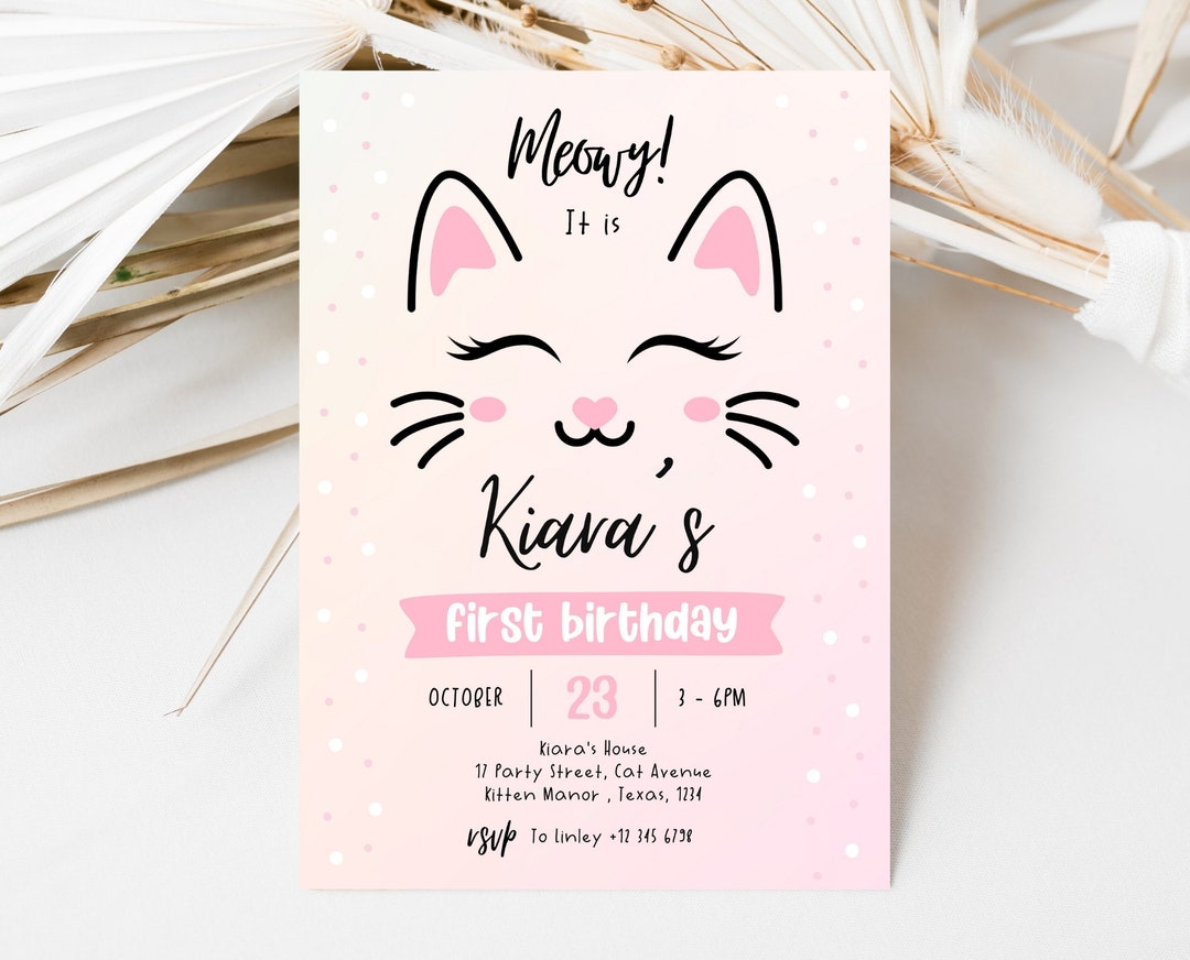 Editable Kitten First Birthday Invitation, Cat Birthday Invite, Kitten ...
