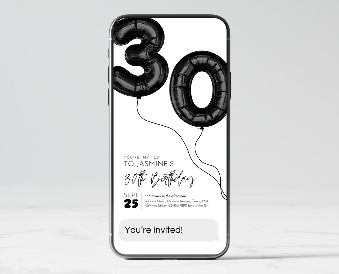 Editable 30th Birthday Invitation: Black Balloon Design (digital ...