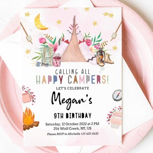 Editable Girl Camping Invitation, Camp Out Birthday Invite, Girl ...
