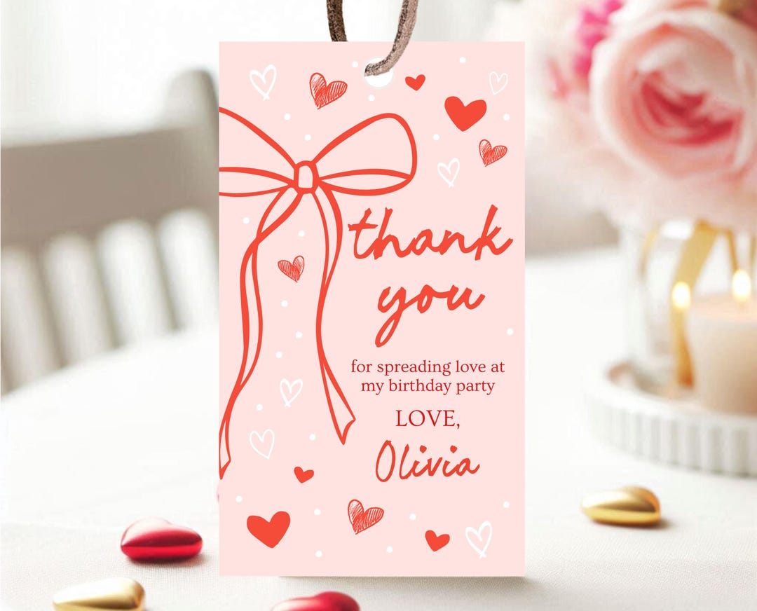 Editable Sweetheart Birthday Favor Tag: Pink Hearts Coquette Bow ...