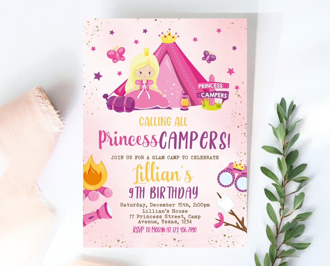 Editable Princess Campers Birthday Invitation Template, Girl Indoor ...