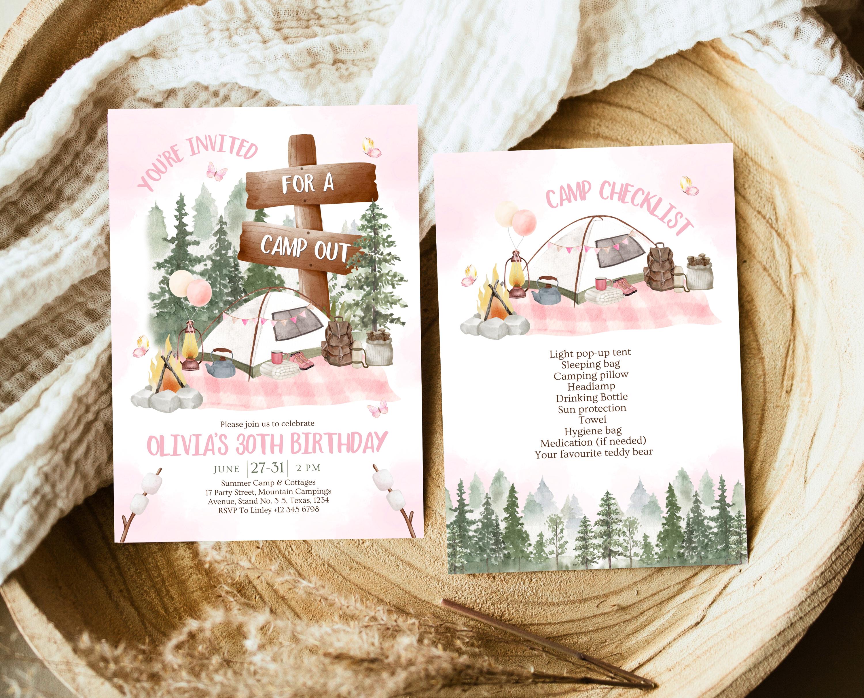 Editable Girl Camping Invitation, Pink Camp Adult Birthday, Girl ...